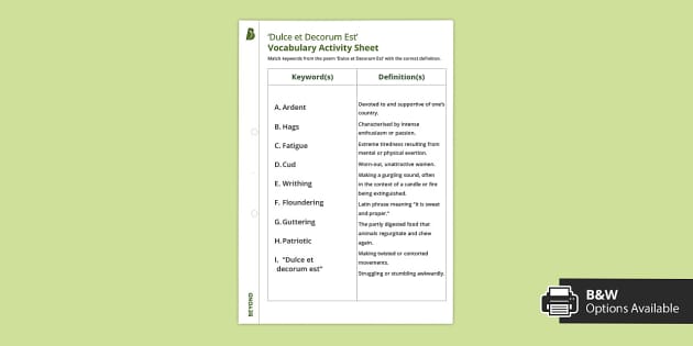'Dulce et Decorum Est' by Wilfred Owen Vocabulary Activity