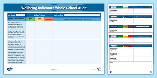 Wellbeing Indicators Whole School Audit Pack (teacher made)