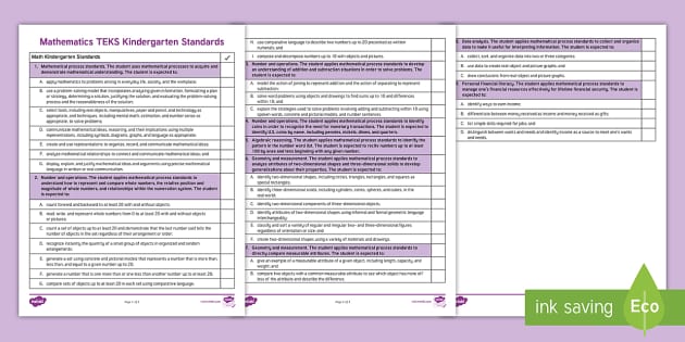 Mathematics TEKS Kindergarten Standards Checklist Twinkl Mathematics TEKS Kindergarten Standards Checklist Twinkl
