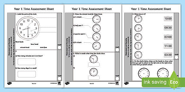Year One Time Assessment Sheet