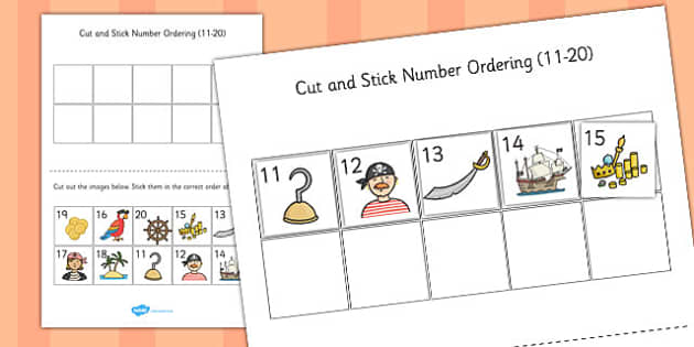 Pirate Themed Cut and Stick Number Ordering Sheets 11-20 - pirate