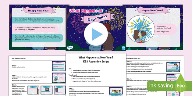 New Year KS1 Assembly Presentation and Script Pack - Twinkl