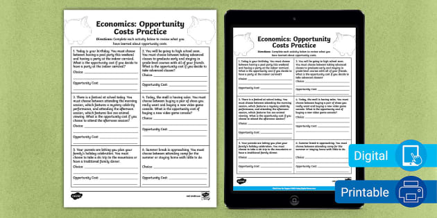 Economics: Opportunity Costs Practice Activity Worksheet for 6th-8th Grade
