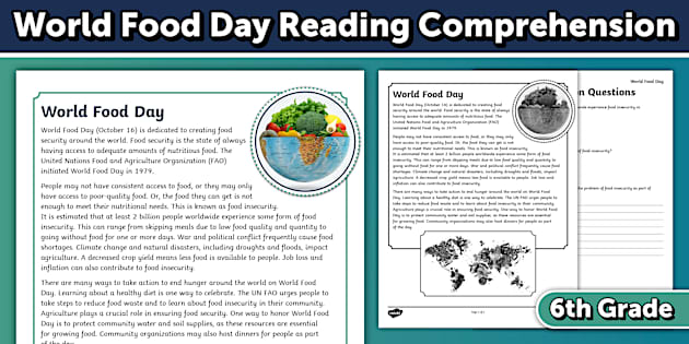 Sixth Grade World Food Day Reading Comprehension Worksheet