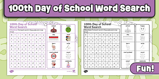 100th Day of School Word Search for Special Education