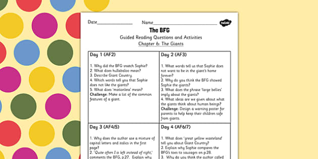 FREE! - Guided Reading Questions Chapter 6 to Support Teaching on The BFG