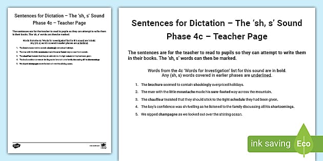 Linguistic Phonics Phase 4c 'sh, s' Dictation Sentences Teacher Worksheet