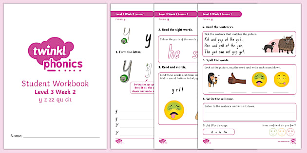 'y, z, zz, qu, ch' Level 3 Week 2 Phonics Workbook - Primary Resources