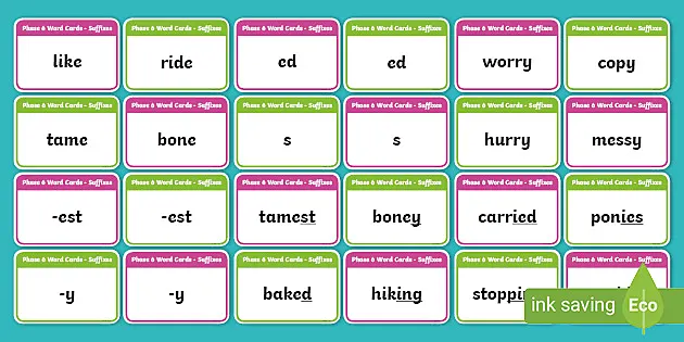 Editable Phase 6 Word Cards (Suffixes -ing, -ed, -s, -er, -est, -y, -en)