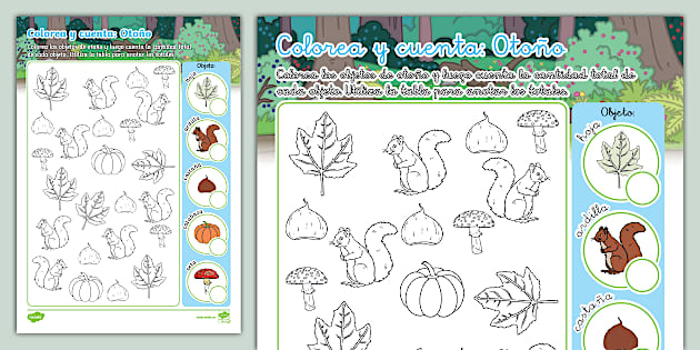 Ficha de actividad: Colorea y cuenta - Otoño - Twinkl