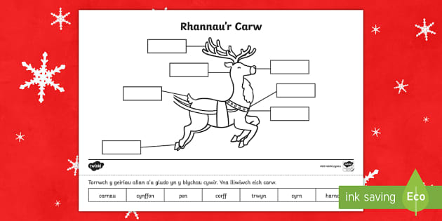 Taflen Weithgaredd Labeli Rhannau Corff y Carw Nadolig