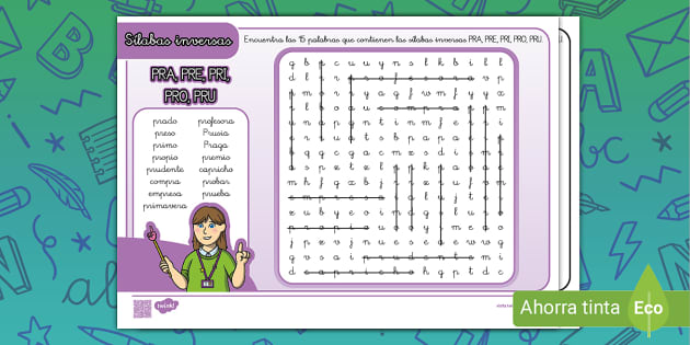 Sopa de letras: Sílabas trabadas PRA, PRE, PRI, PRO, PRU