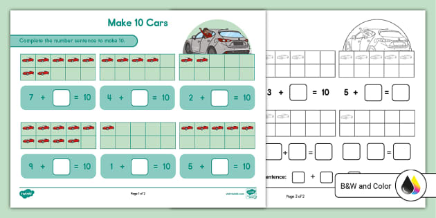 10 Frame Addition: Make 10 Cars Worksheet for K-1st Grade