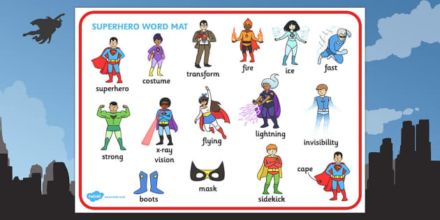 Superhero Word Mat Superheroes Word Mat Mat Writing Aid
