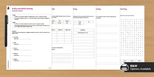 Prefix and Suffix Sorting Activity Sheet