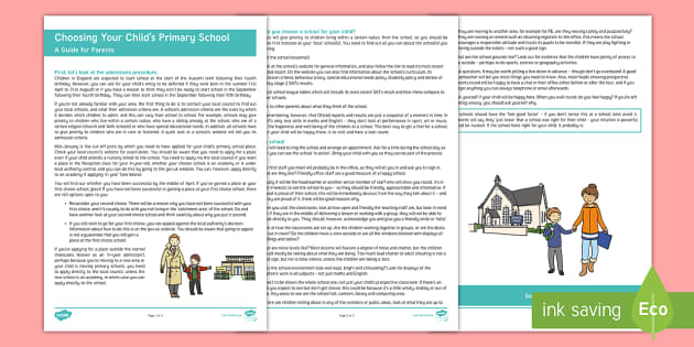 Choosing Your Child's Primary School Parent and Carer Information Sheet