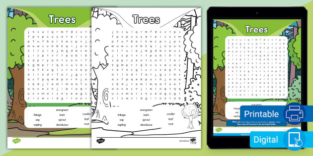 Trees Vocabulary Word Search for K-2nd Grade (teacher made)