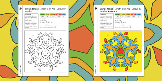 👉 Diwali Rangoli Length of an Arc Colour by Number