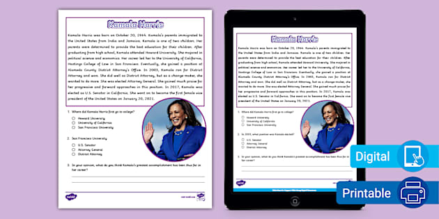 Kamala Harris Reading Passage Comprehension Activity