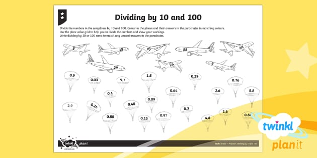 Divide by 10 and 100 Differentiated Maths Worksheet - Twinkl