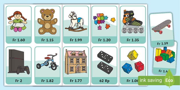 Swiss Toy Shop Prices Flashcards to Learn About Swiss Francs
