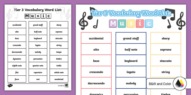 Tier 3 Vocabulary Word List: Music for 3rd-5th Grade
