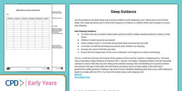 Early Years Setting Sleep Area Recording Sheet | Twinkl