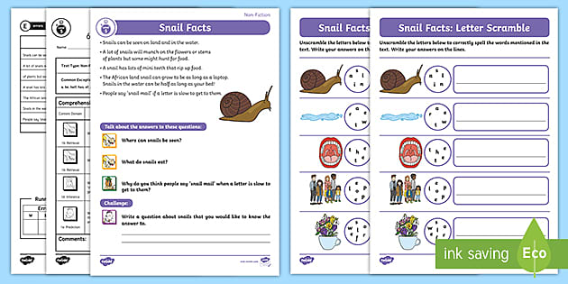 Level 5: 'Snail Facts' 60-Second Reading Set 1 Intervention Pack