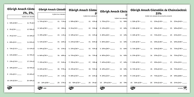Percentages Worksheets - Differentiated Quantities Gaeilge