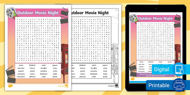 Summer Outdoor Movie Night Word Search for 6th-8th Grade