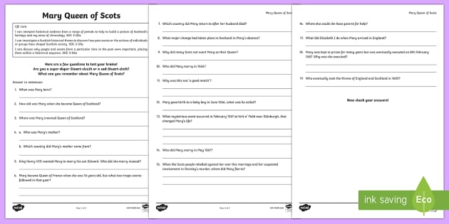 Mary Queen of Scots Question Sheet with Answers - Twinkl