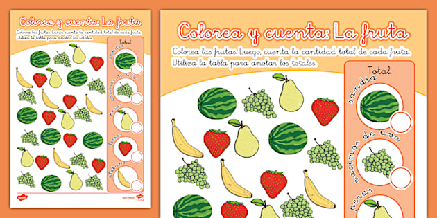 Ficha de actividad: Colorea y cuenta - La fruta - Twinkl