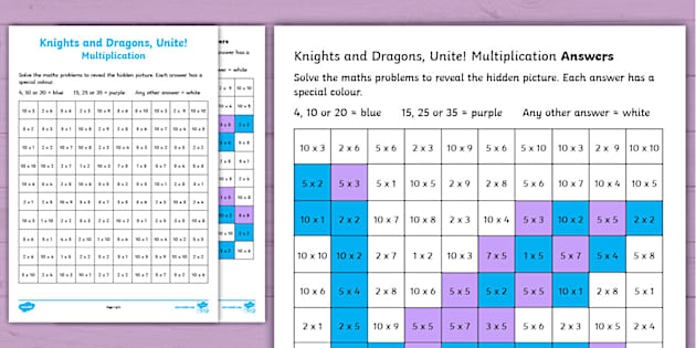 👉 Knights and Dragons, Unite! Themed Multiplication Mosaics
