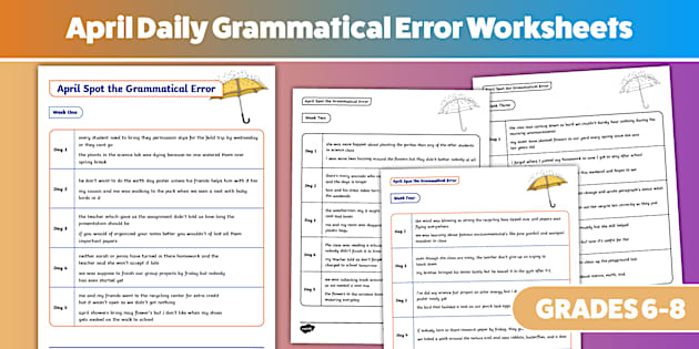 April Spot the Grammatical Error Worksheet for 6th-8th Grade