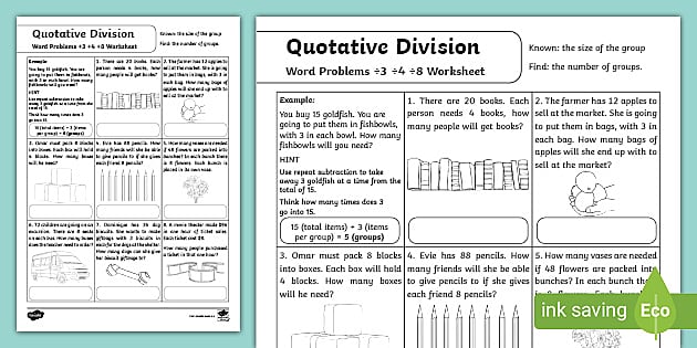Quotative Division Word Problems Worksheet (teacher made)