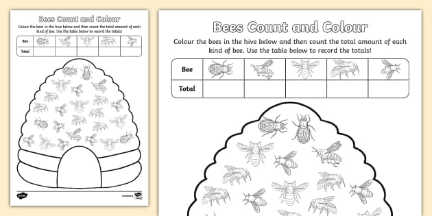 Bees Colour and Count Worksheet (Teacher-Made) - Twinkl