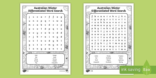 Australian Winter Differentiated Word Search (teacher made)