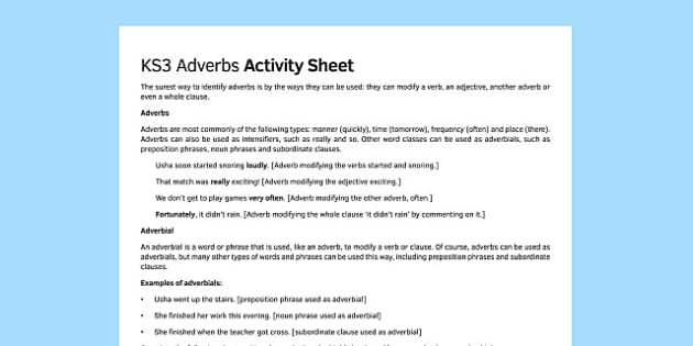 KS3 Adverbs Worksheet / Worksheet