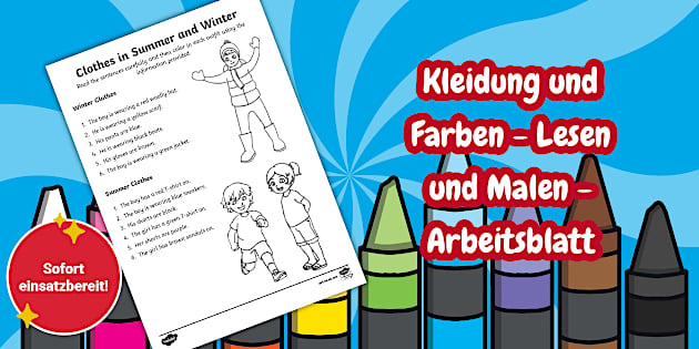 Kleidung und Farben - Lesen und Malen - Arbeitsblatt