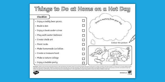 Things to Do at Home on a Hot Day Checklist (teacher made)
