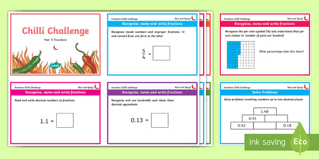 Year 5 Maths Fractions Chilli Challenge Cards (teacher made)