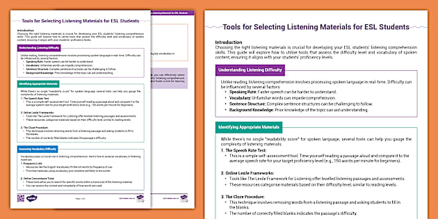 Tools for Selecting Listening Materials for ESL Students Guide