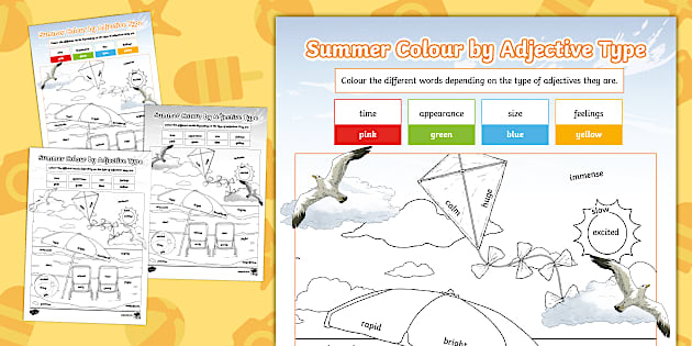 Summer Colour by Adjective Type Worksheet (teacher made)