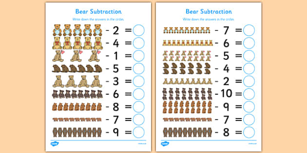 Bear Subtraction Up to 10 and 20 Sheet (teacher made)