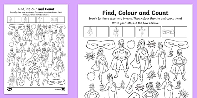 👉 Superhero Find, Colour and Count (professor feito)