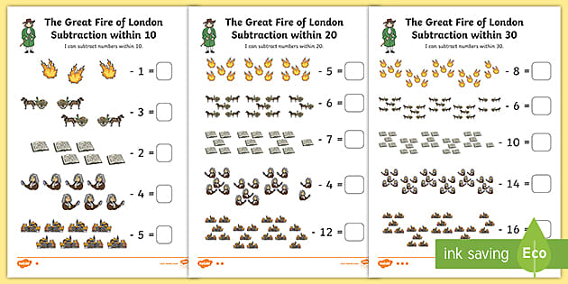The Great Fire of London Subtraction within 10, 20 and 30 Worksheets