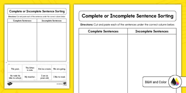 Kindergarten Complete or Incomplete Sentence Sorting