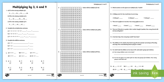 Multiplying by 3, 6 and 9 Worksheets