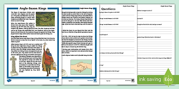 Anglo Saxon Kings Comprehension Activity- History