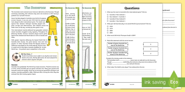 Year 5-6 Socceroos Differentiated Reading Comprehension Activity
